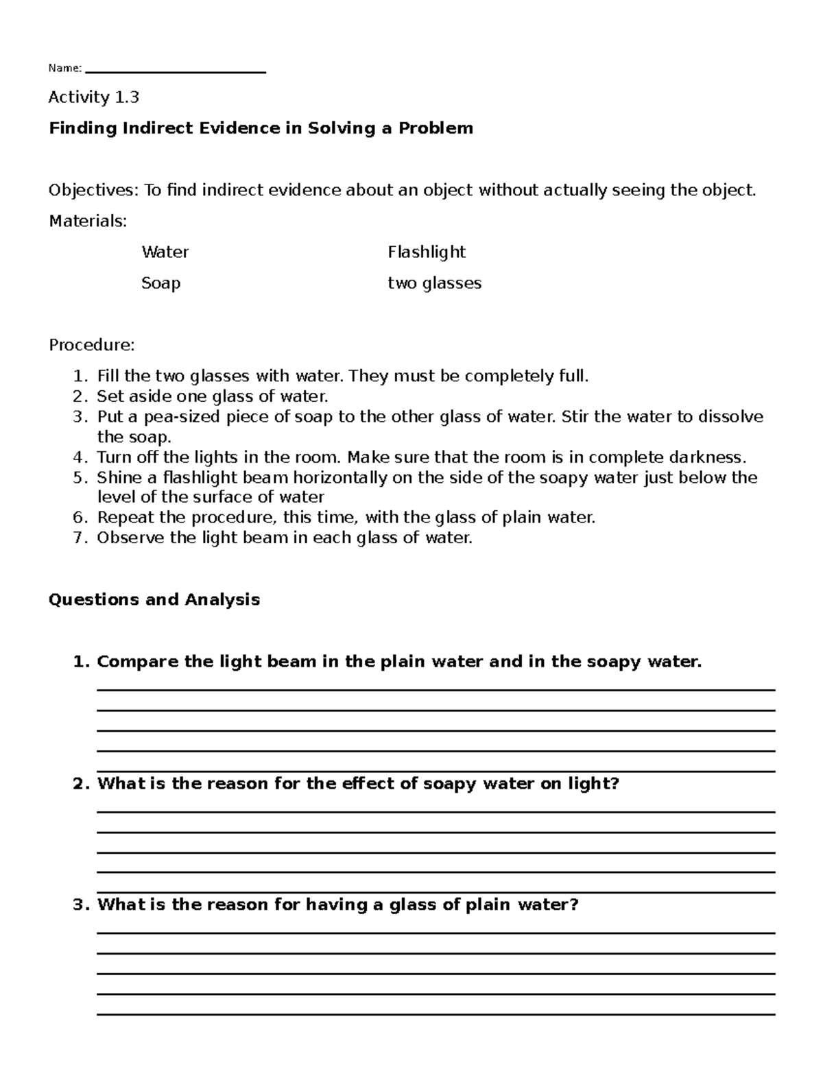 Indirect Evidence Activity: Exploring Light Behavior in Water - Studocu