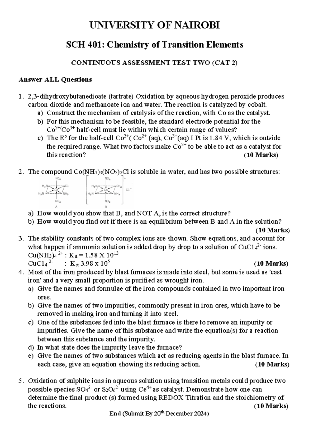 SCH 401 CAT 2: Chemistry of Transition Elements Exam - 2024-2025 - Studocu