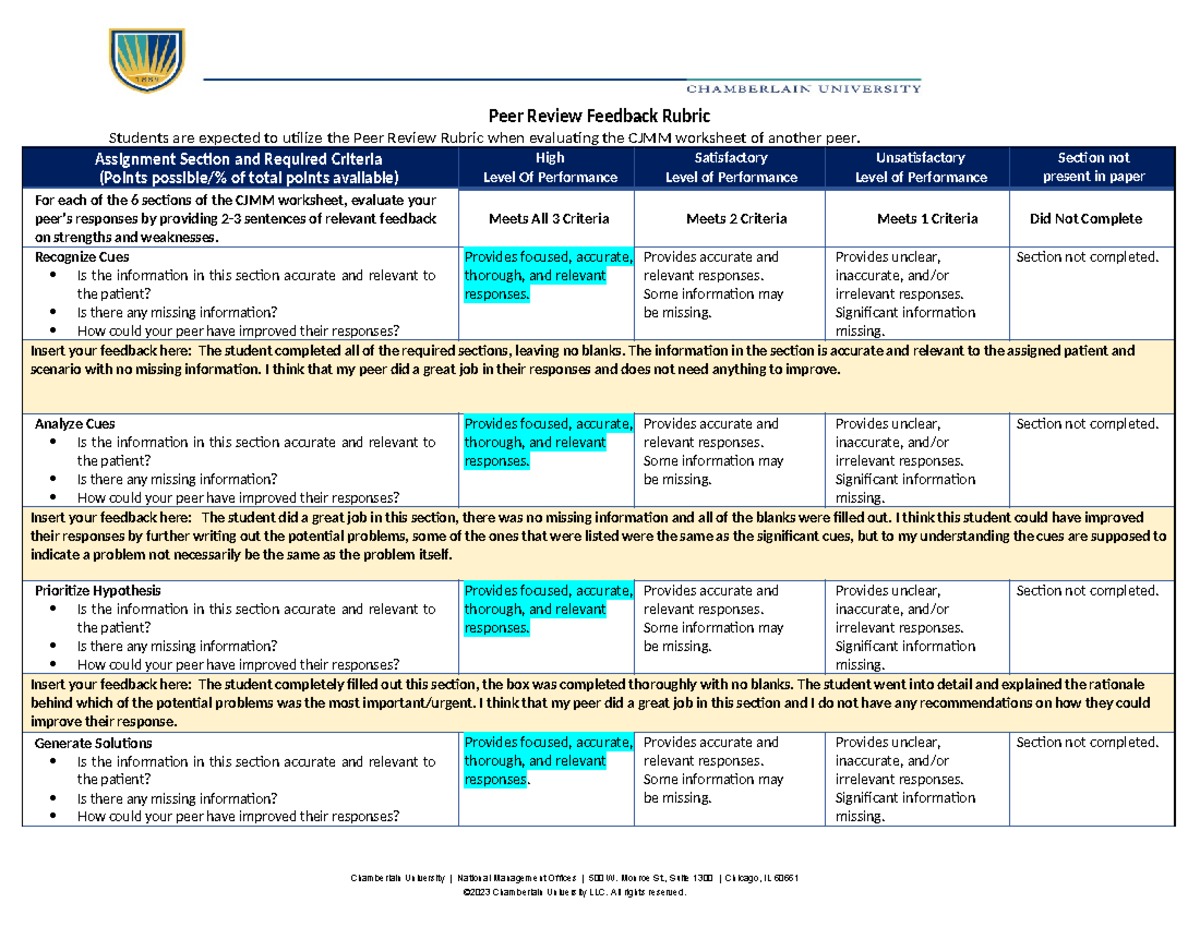 NR328 i-Human Peer Review Feedback Rubric Guide - Studocu