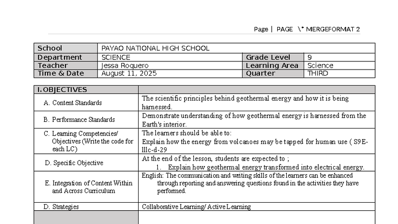 Geothermal Energy Lesson Plan - 9th Grade Science (Quarter 3) - Studocu