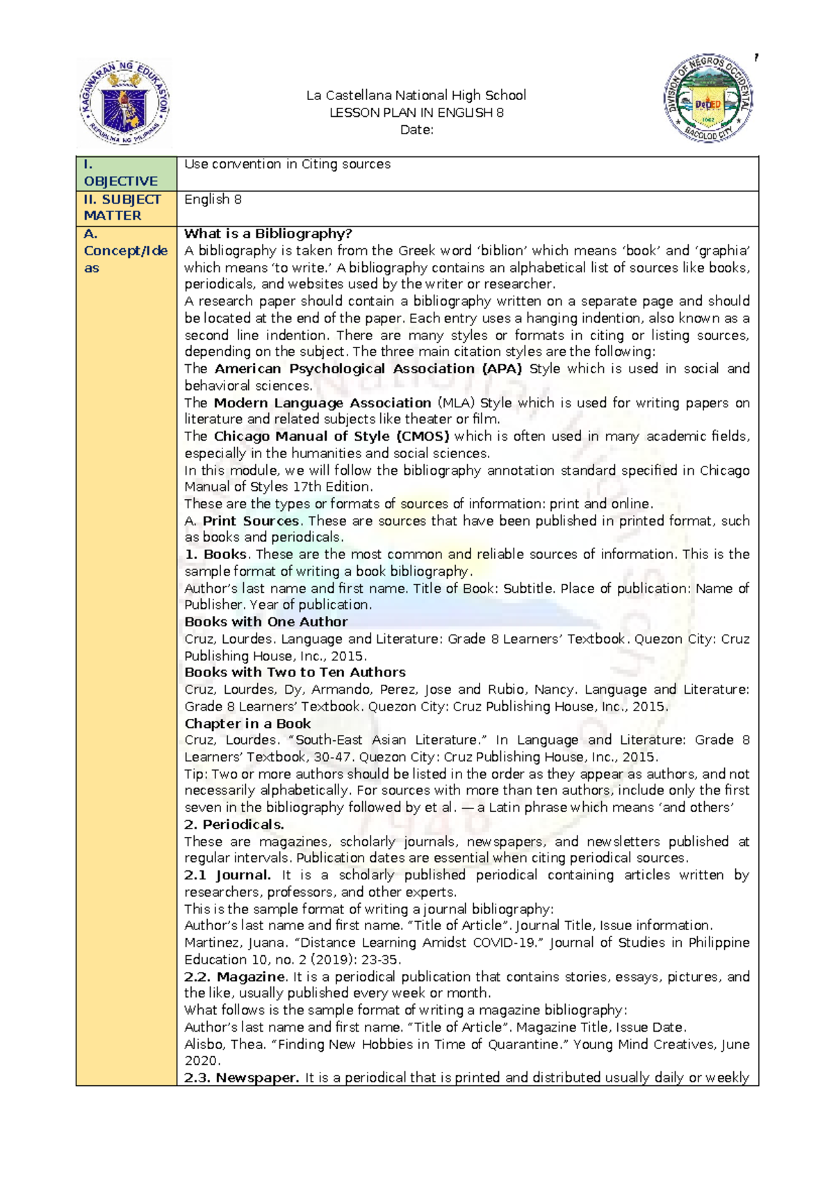 Q1 W2 Citing Sources - English 8 Lesson Plan for 1st Quarter MELC - Studocu