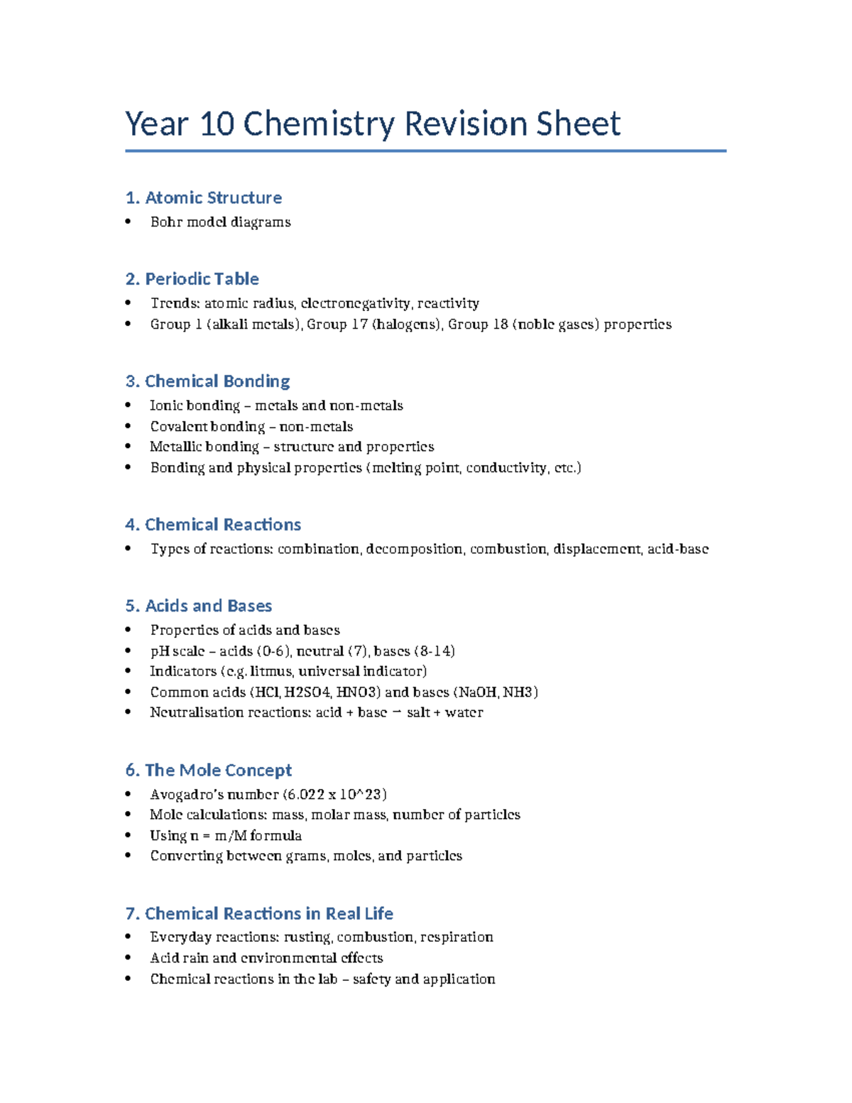Year 10 Chemistry Revision Sheet: Key Concepts & Trends BGGS - Studocu