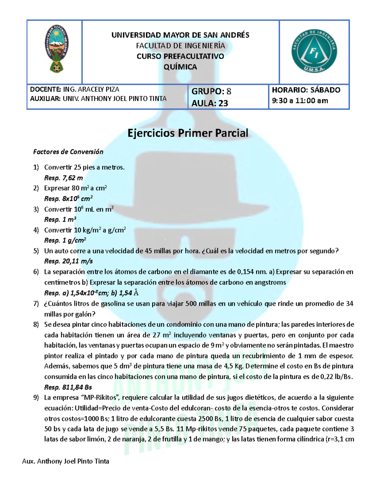 Ejercicios primer parcial Quimica I 2025 - Ejercicios Primer Parcial Factores de Conversión ...