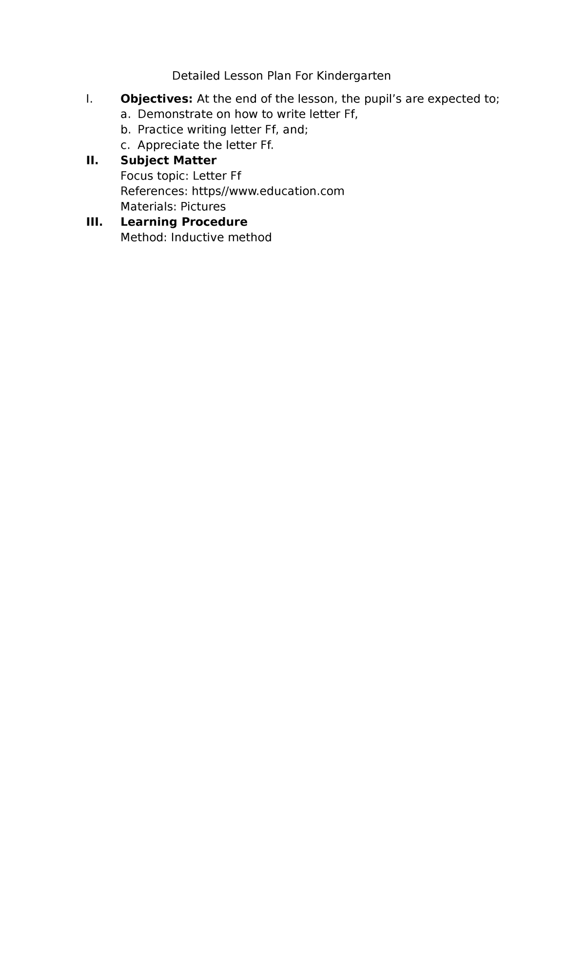 Lesson 2 (1) (1) - Detailed Lesson Plan For Kindergarten I. Objectives ...