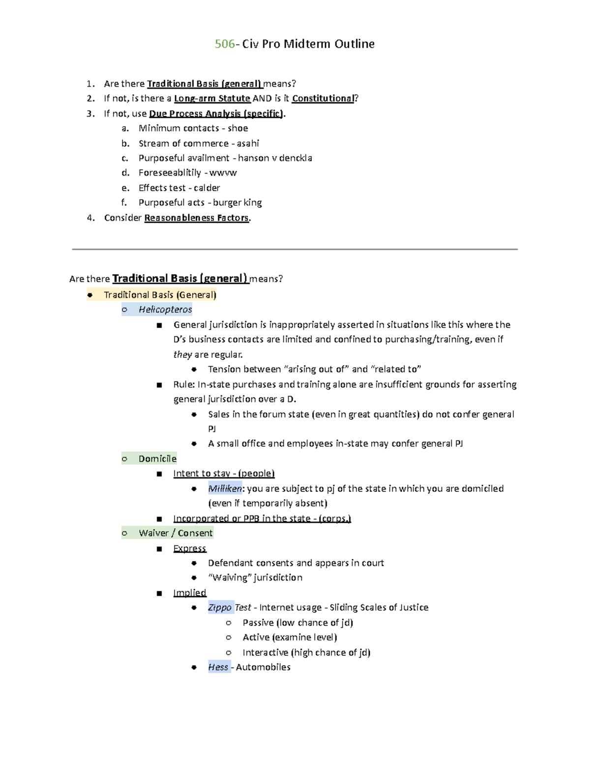 Civ Pro Outline for Midterm Exam Review: Key Concepts in Jurisdiction ...