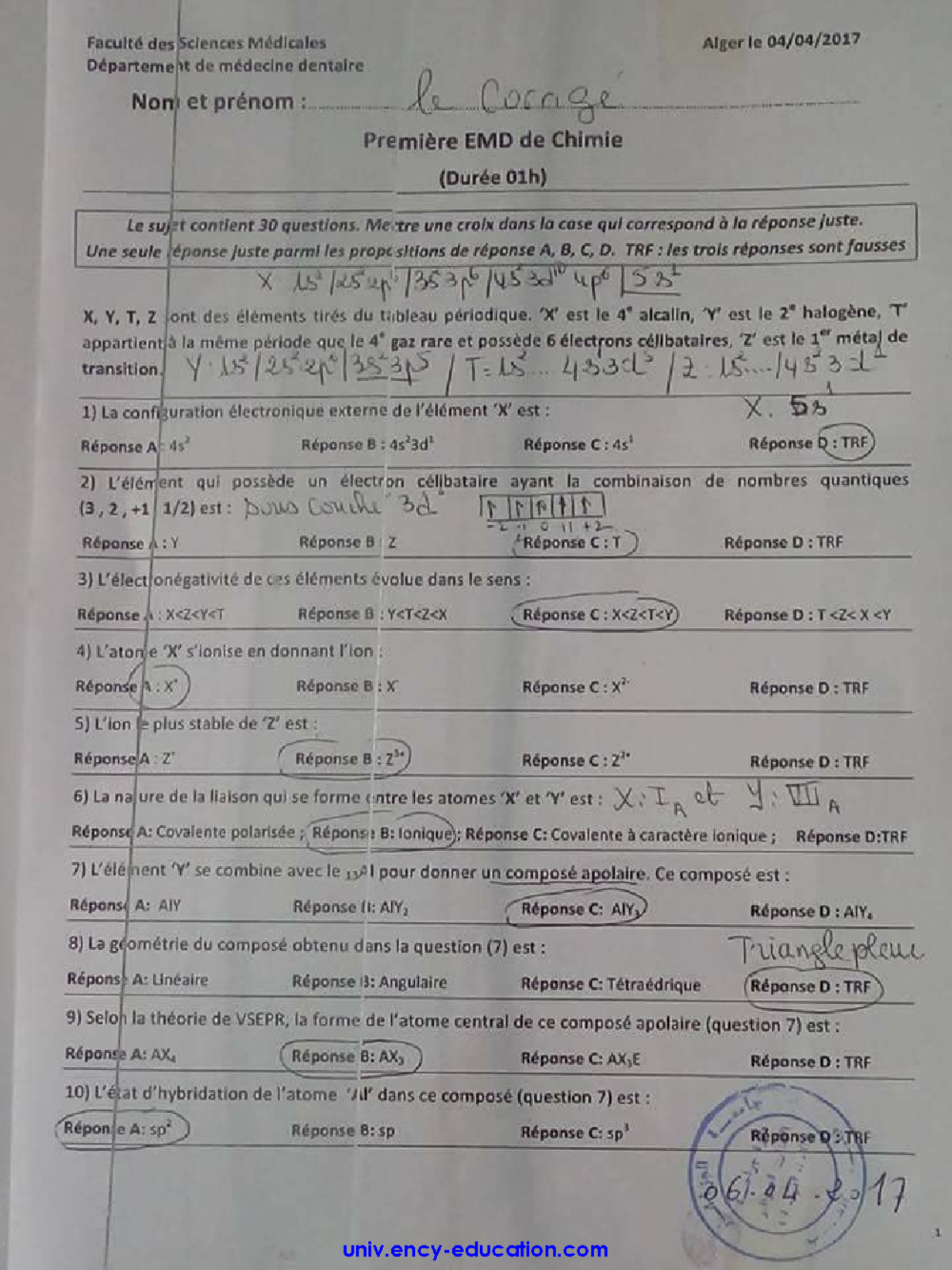 Med 1an16 emd1 chimie 2017 - Faculté des Sciences Médicales Alger le ...