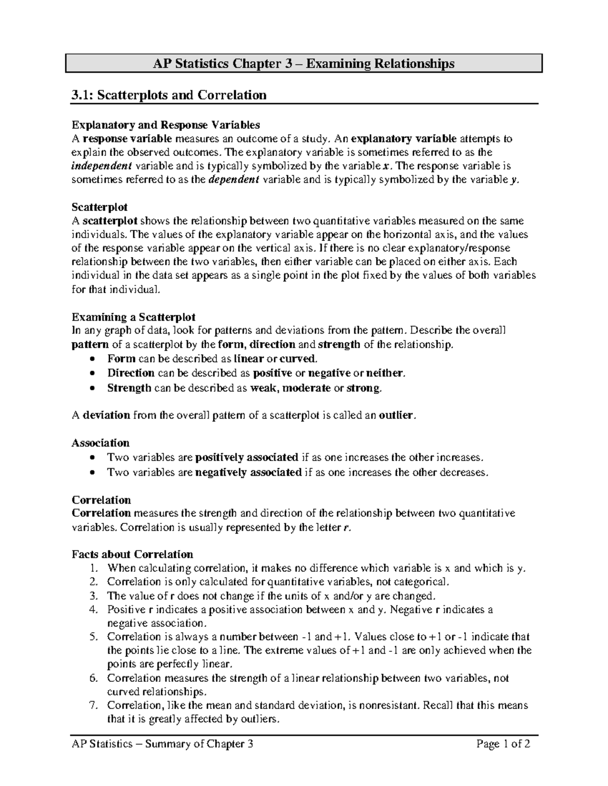 Statistics notes Examining Relationships - AP Statistics – Summary of ...
