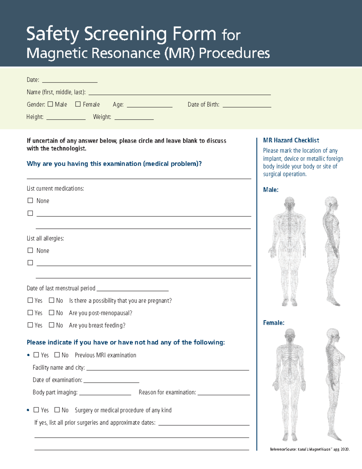 MRI Safety Screening Form (ACR) - Safety Screening Form for Magnetic ...