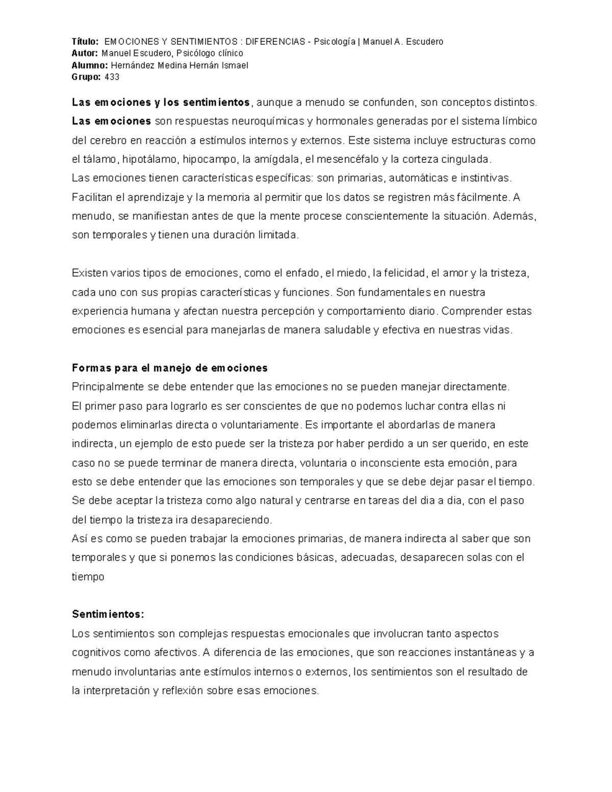 Diferencias entre Emociones y Sentimientos en Psicología 433 - Studocu