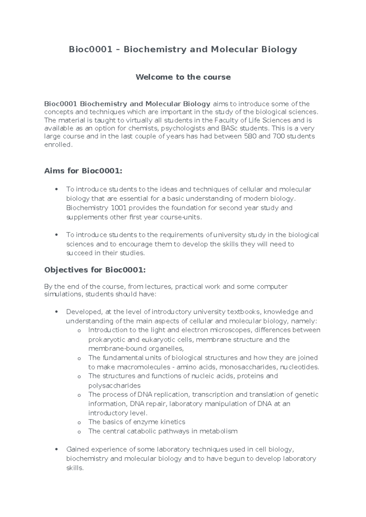 Bioc0001: Intro to Biochemistry & Molecular Biology Course Guide - Studocu