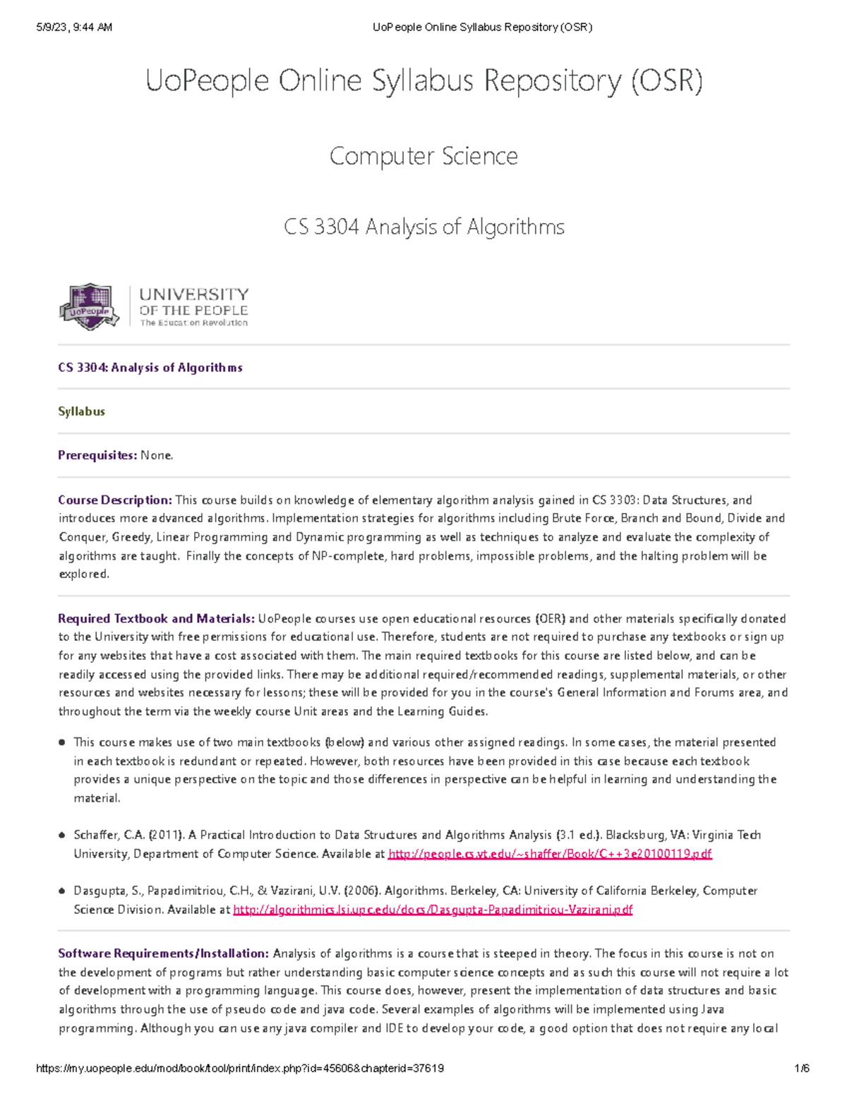 Cs 3304 Analysis Of Algorithms Syllabus Uopeople Online Syllabus Repository Osr Computer