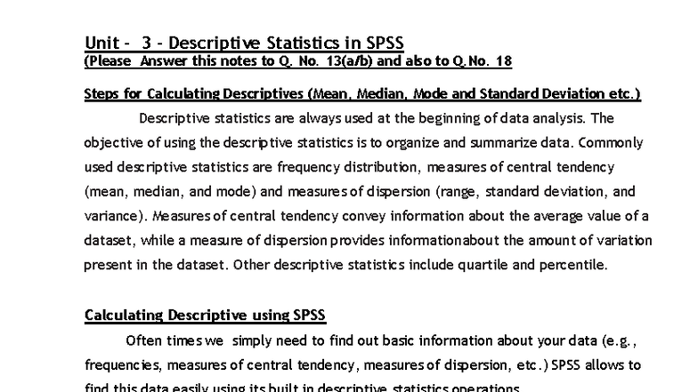 SPSS Unit 3: Descriptive Statistics Overview and Calculation Steps ...