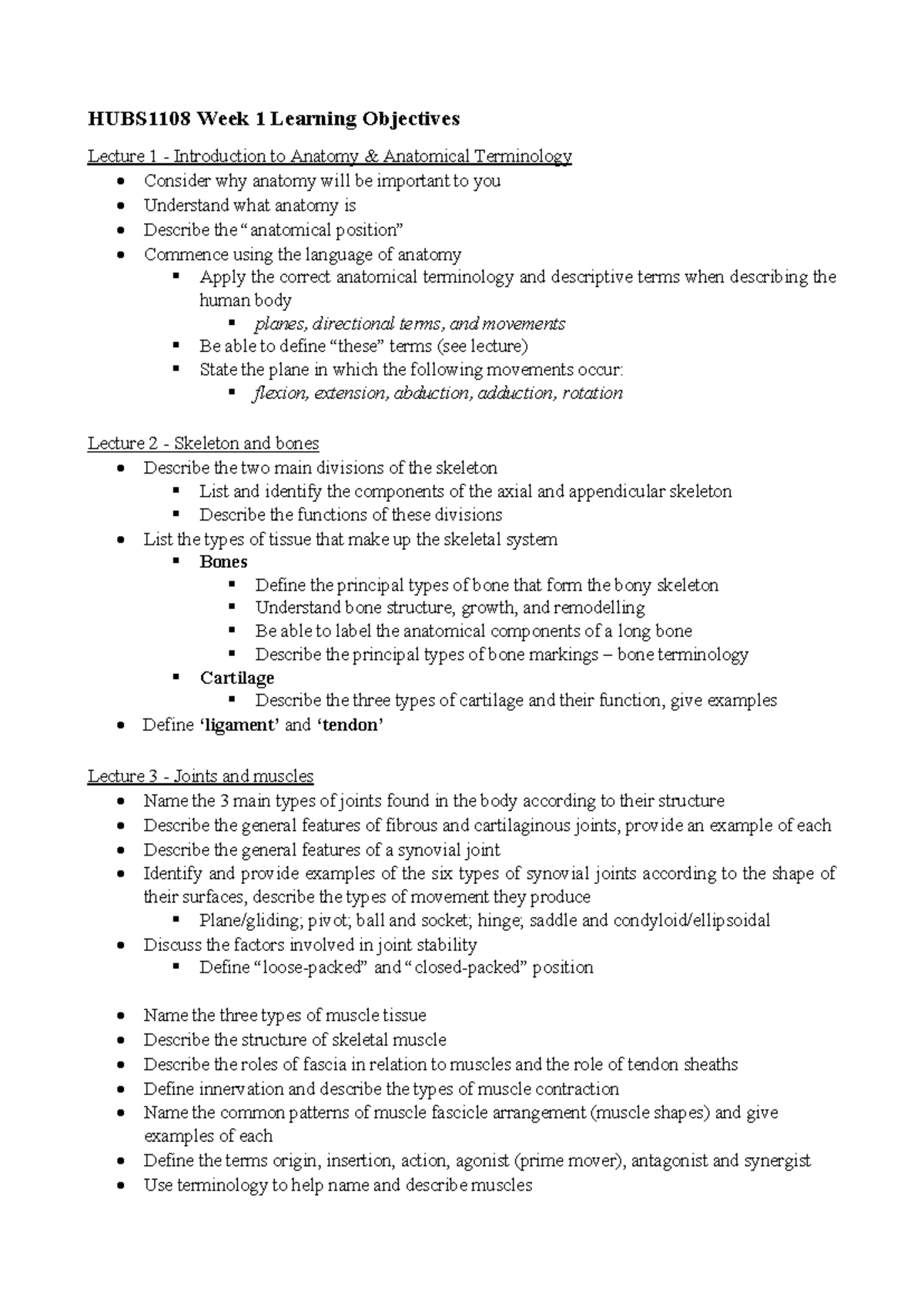 HUBS1108 Week 1 Learning Objectives: Intro to Anatomy & Terminology ...