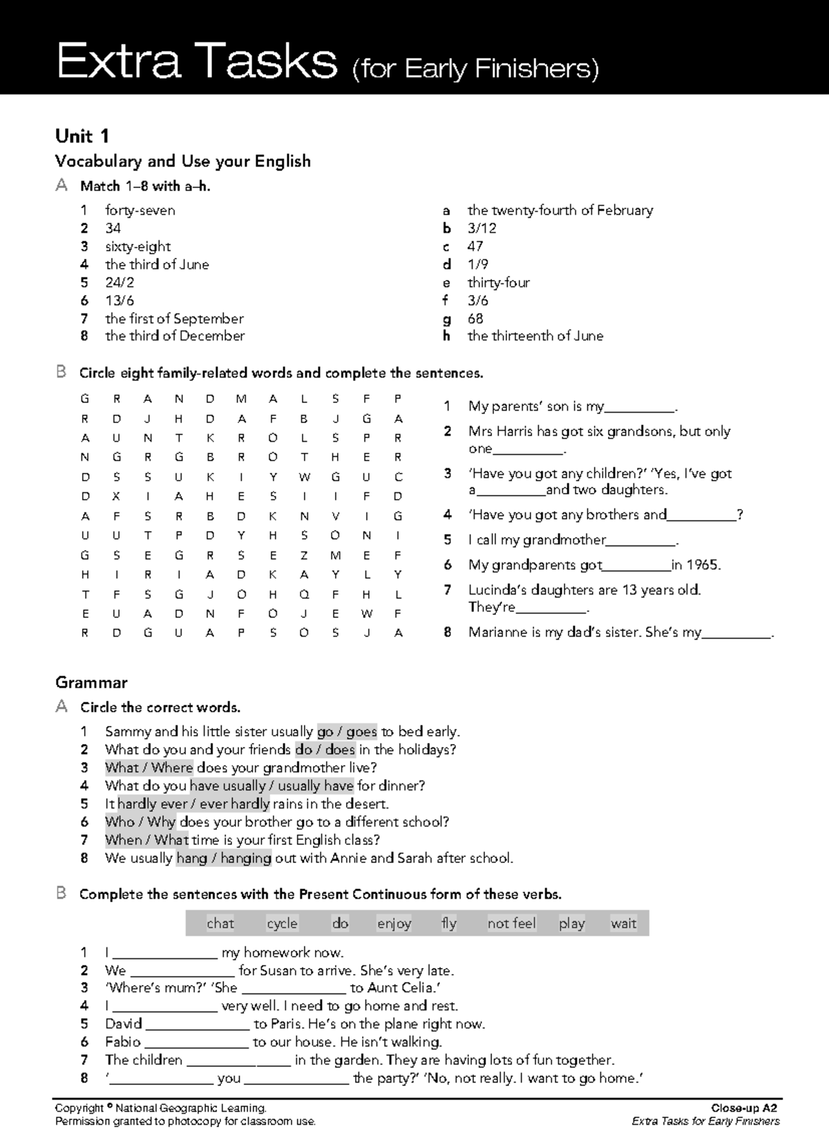 A2 Extra Tasks for Early Finishers: Vocabulary & Grammar Activities ...