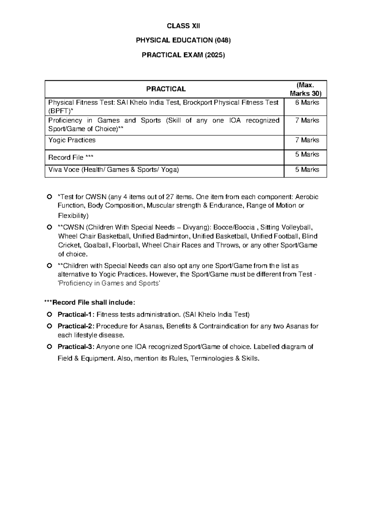 CLASS XII PHYSICAL EDUCATION (048) PRACTICAL EXAM (2025) GUIDELINES ...