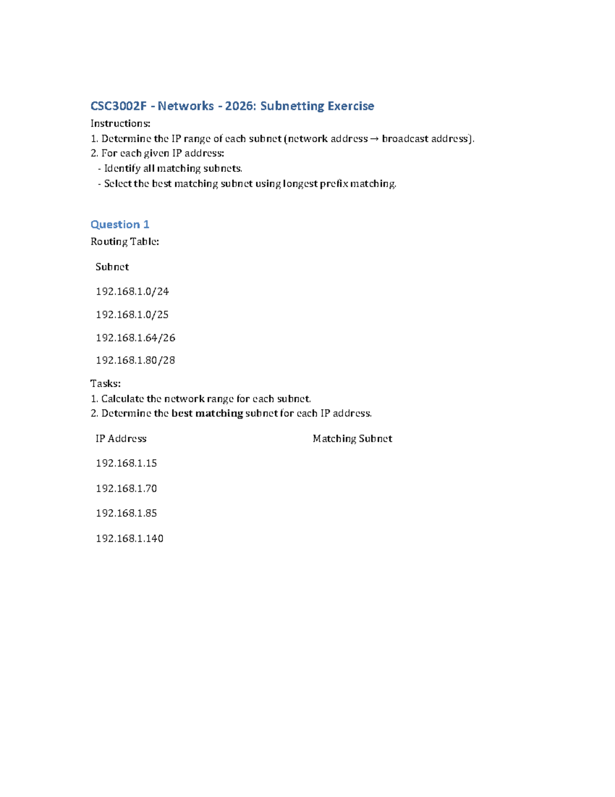 CSC3002F Networks 2026: IP Subnetting Practice Exercise - Studocu