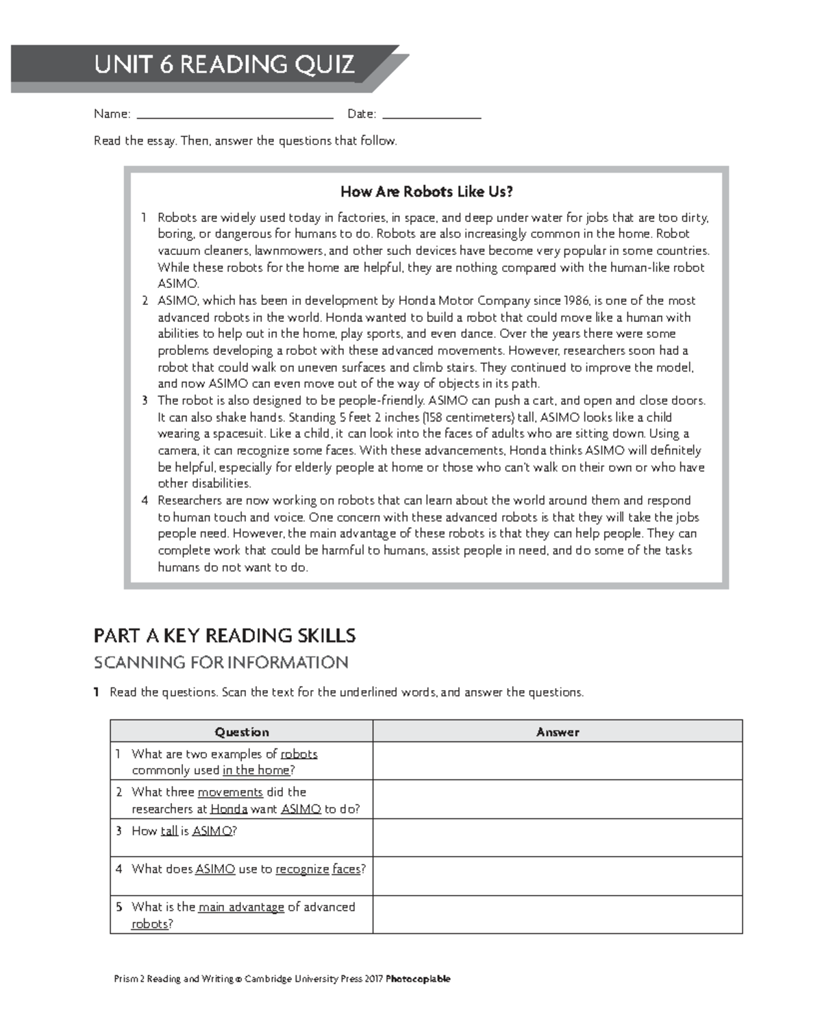 UNIT 6 READING & WRITING QUIZ: Exploring Advanced Robots - Studocu