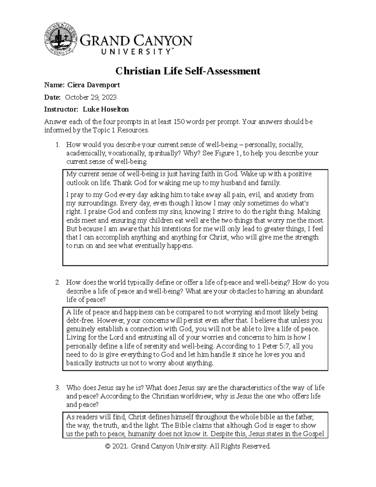 CWV-316-RS-T1 Christian Life Self-Assessment Reflection Essay - Studocu