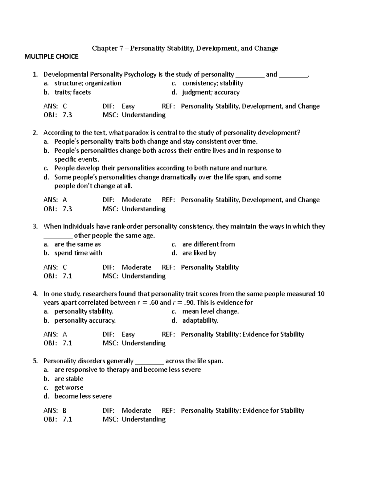 Chapter 7 - Personality Stability, Development, and Change - a ...