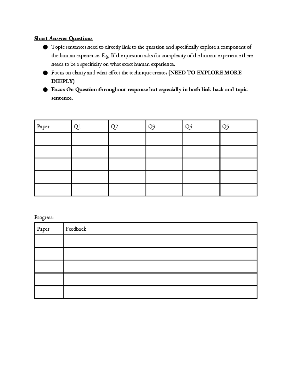 HSC Common Module Preparation - Short Answer Questions Topic sentences ...