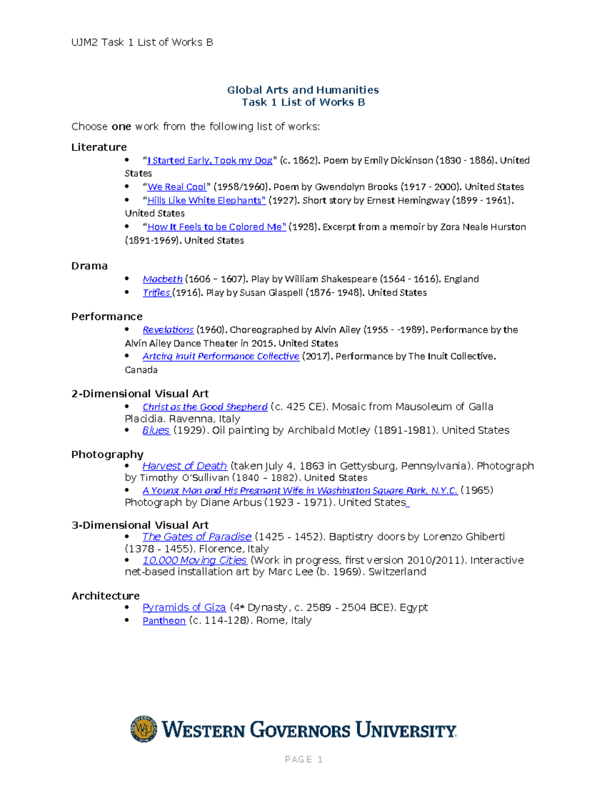 UJM2 Task 1: List of Selected Works in Global Arts and Humanities - Studocu