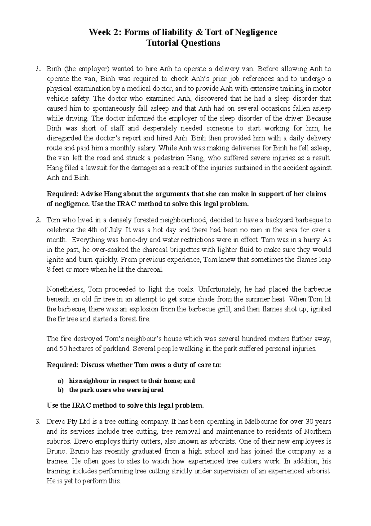 Week 2 Tutorial Questions-1.docx - Week 2: Forms of liability & Tort of Negligence Tutorial ...