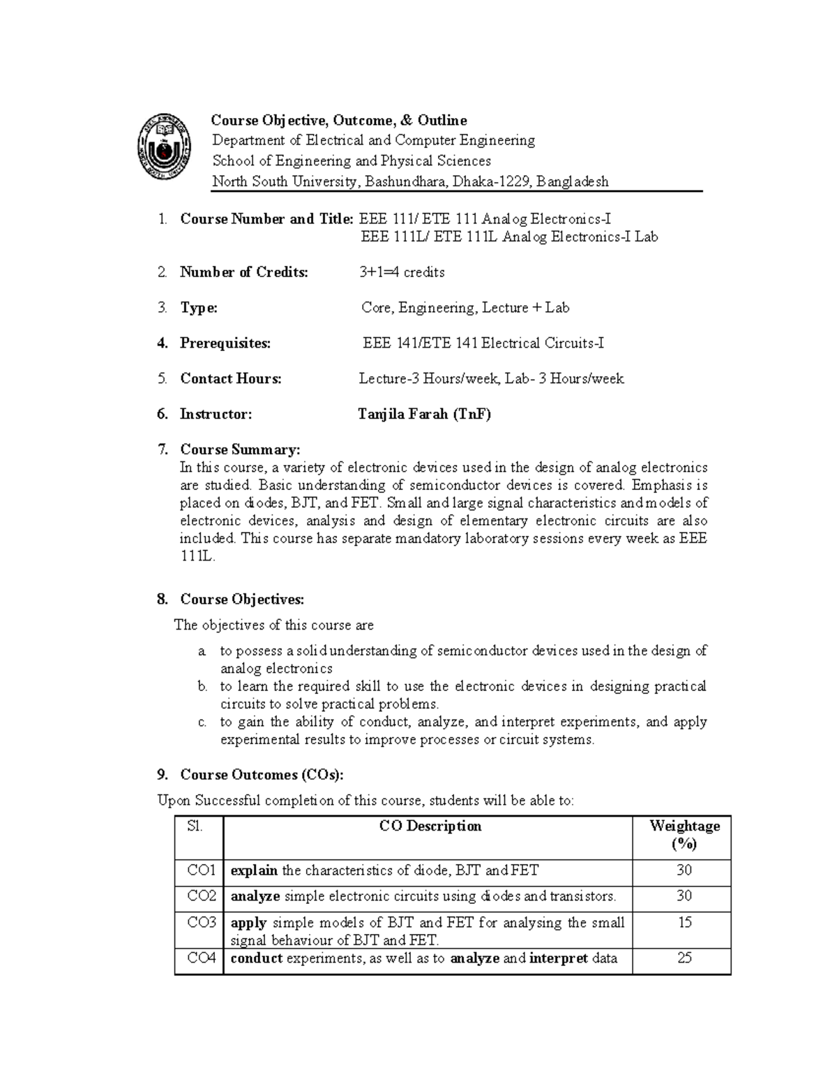 EEE111 Course outline & Syllabus - Course Objective, Outcome, & Outline ...