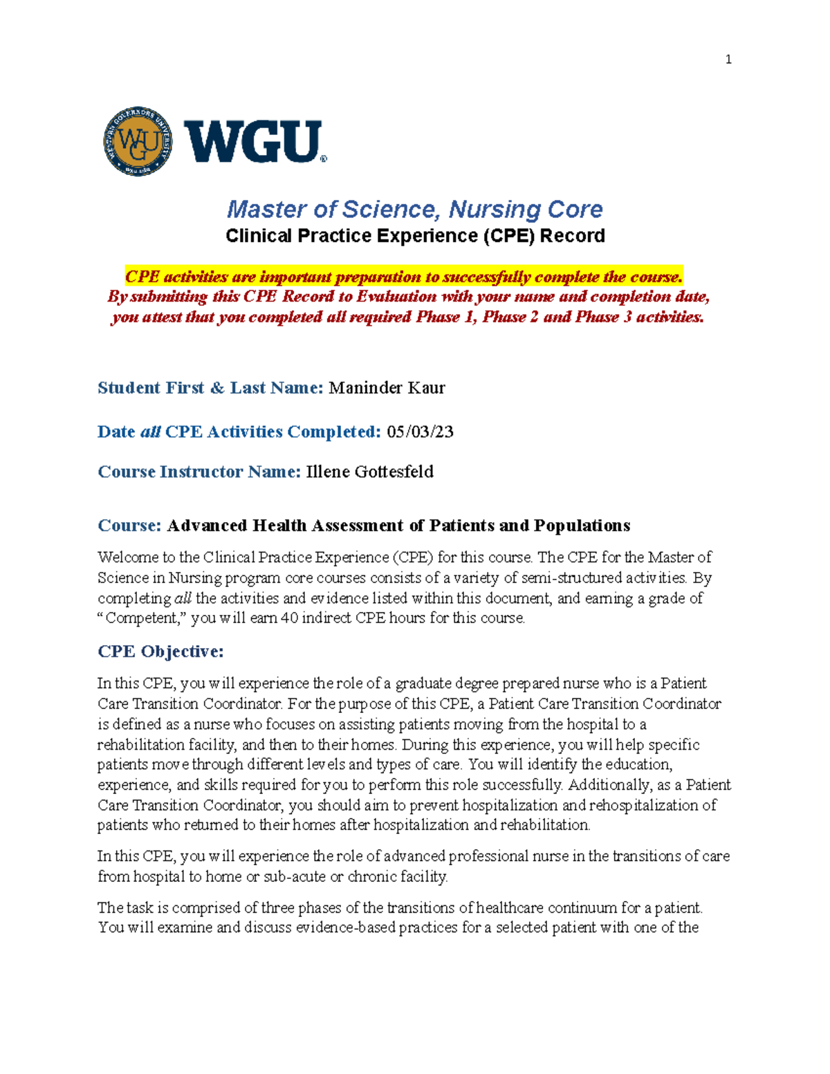 D028 CPE - Clinical Practice Experience Record for Nursing Program ...