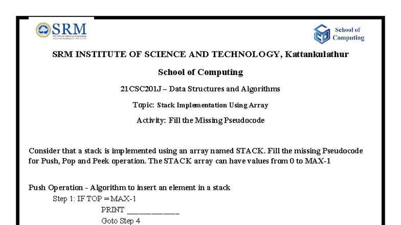 21CSC201J Data Structures & Algorithms: Stack Implementation Pseudocode ...