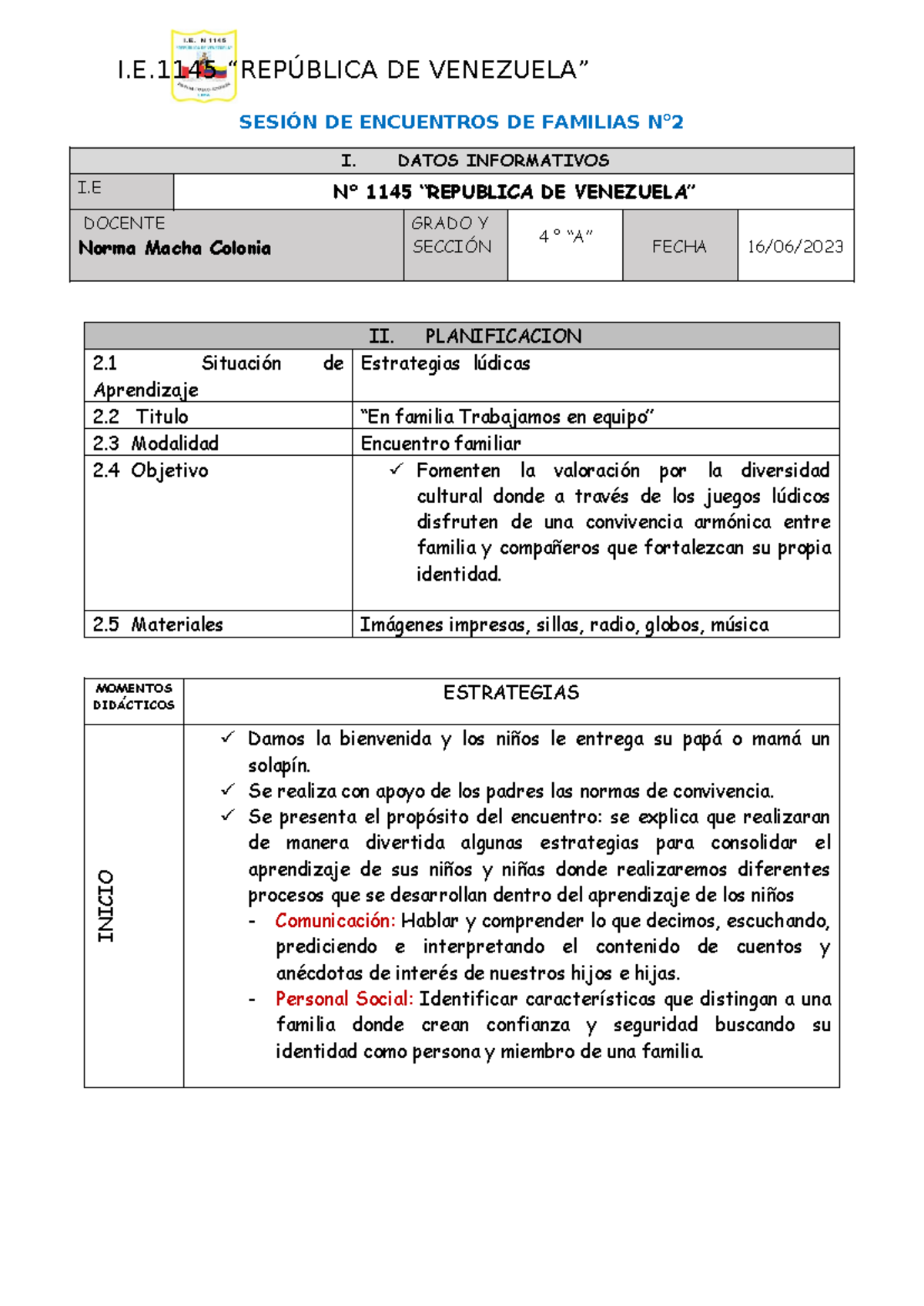 Sesión de Encuentros de Familias N° 2 - 4ºA: Planificación y ...