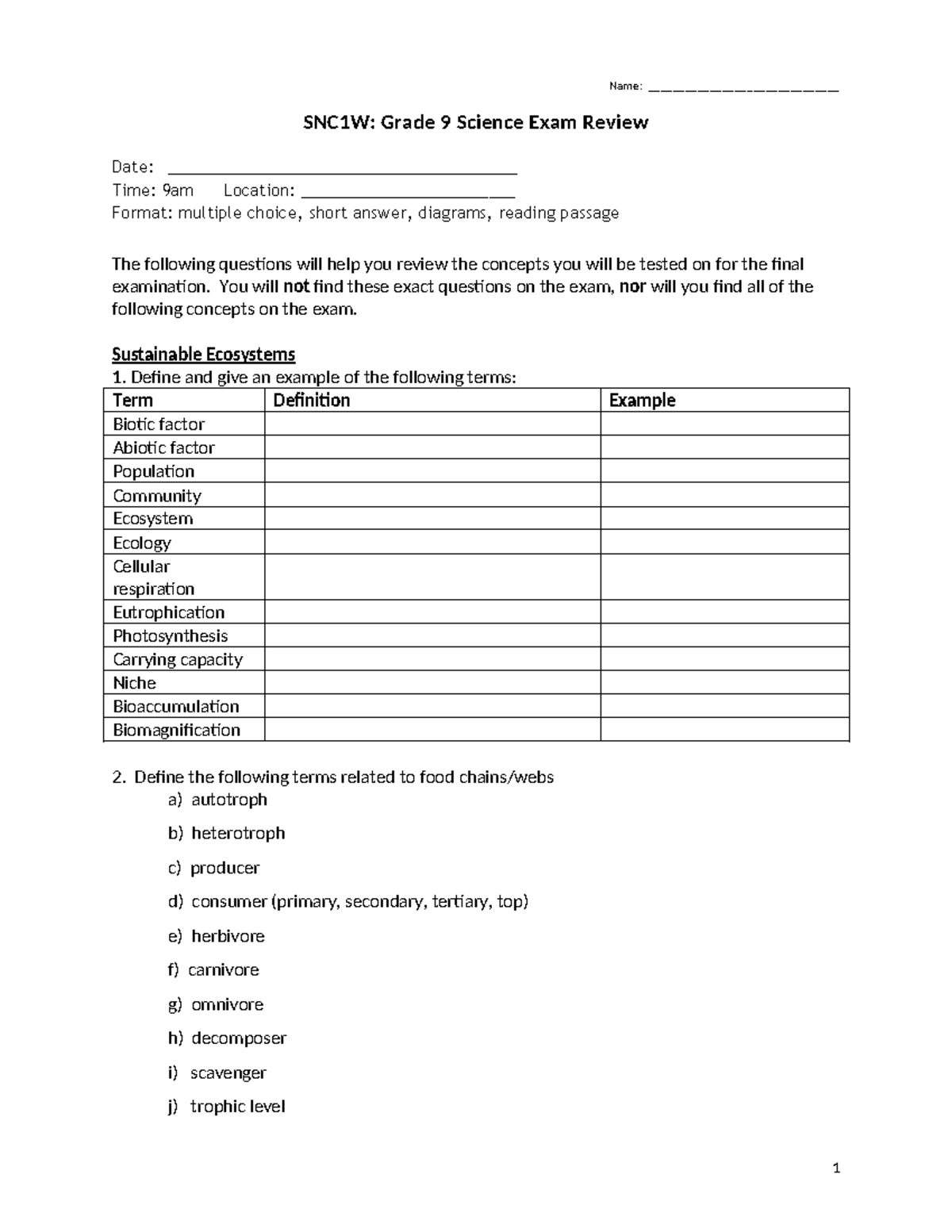 SNC1W: Grade 9 Science Final Exam Review 2025 - Studocu