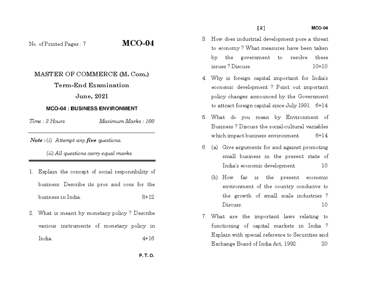 M. Com. Business Environment Exam Questions - June 2021 - Studocu