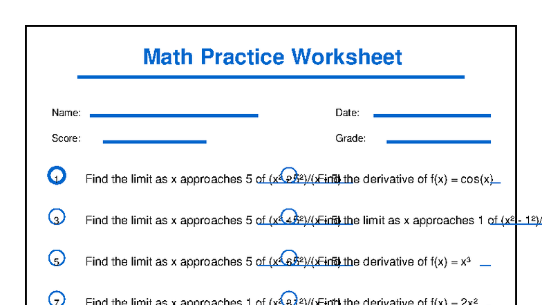 Math Practice Worksheet 1: Limits and Derivatives - Studocu