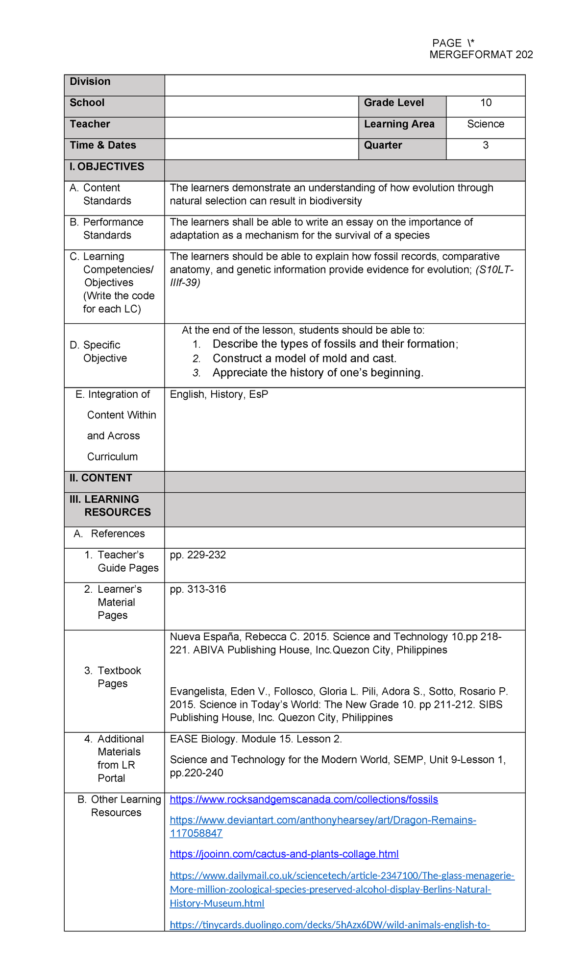 SCIENCE 10 LESSON PLAN - MERGEFORMAT 202 Division School Grade Level 10 ...