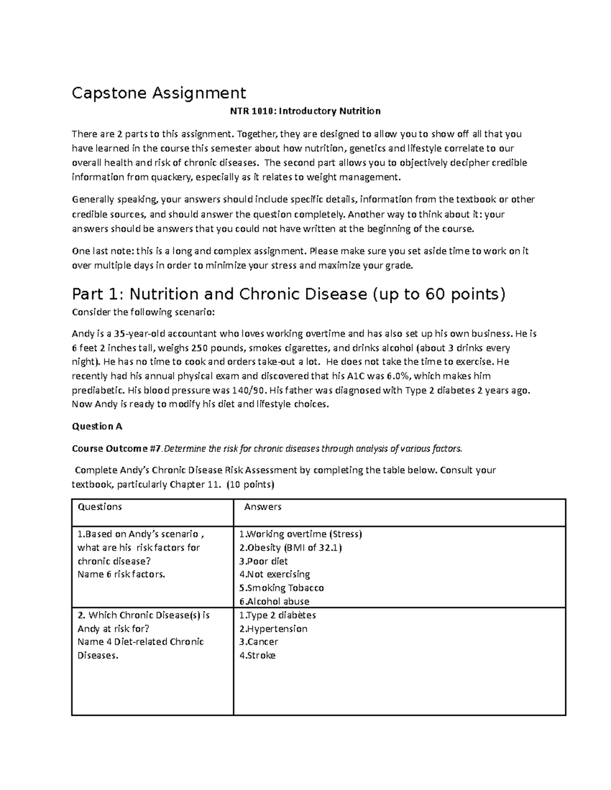 NTR 1010 Capstone Assignment Worksheet: Nutrition & Chronic Disease ...