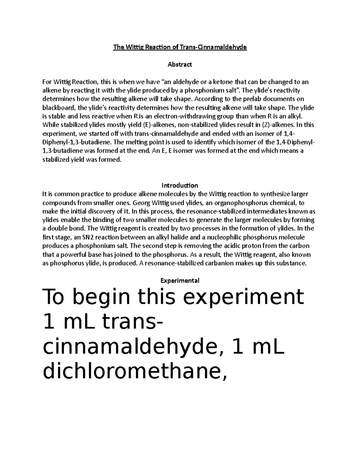 Wittig Reaction of Trans-Cinnamaldehyde: Experimental Findings and ...