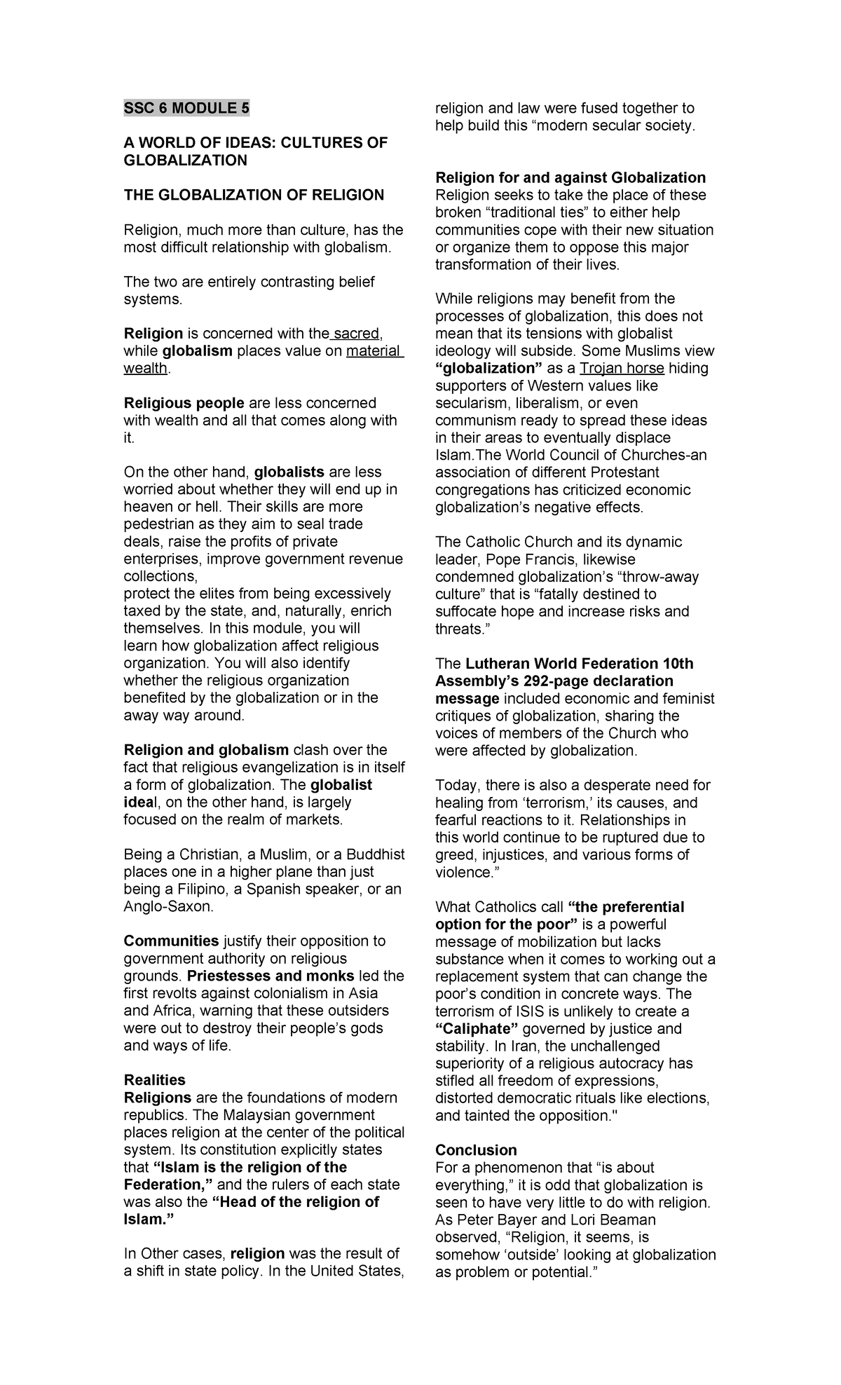 SSC 6 Module 5 - Insights on Religion and Globalization Dynamics - Studocu