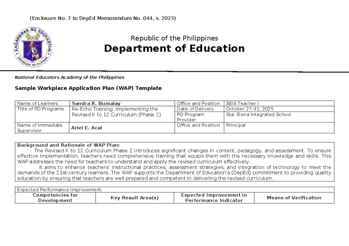 WAP Template for Revised K to 12 Curriculum Implementation (DepEd 044 ...