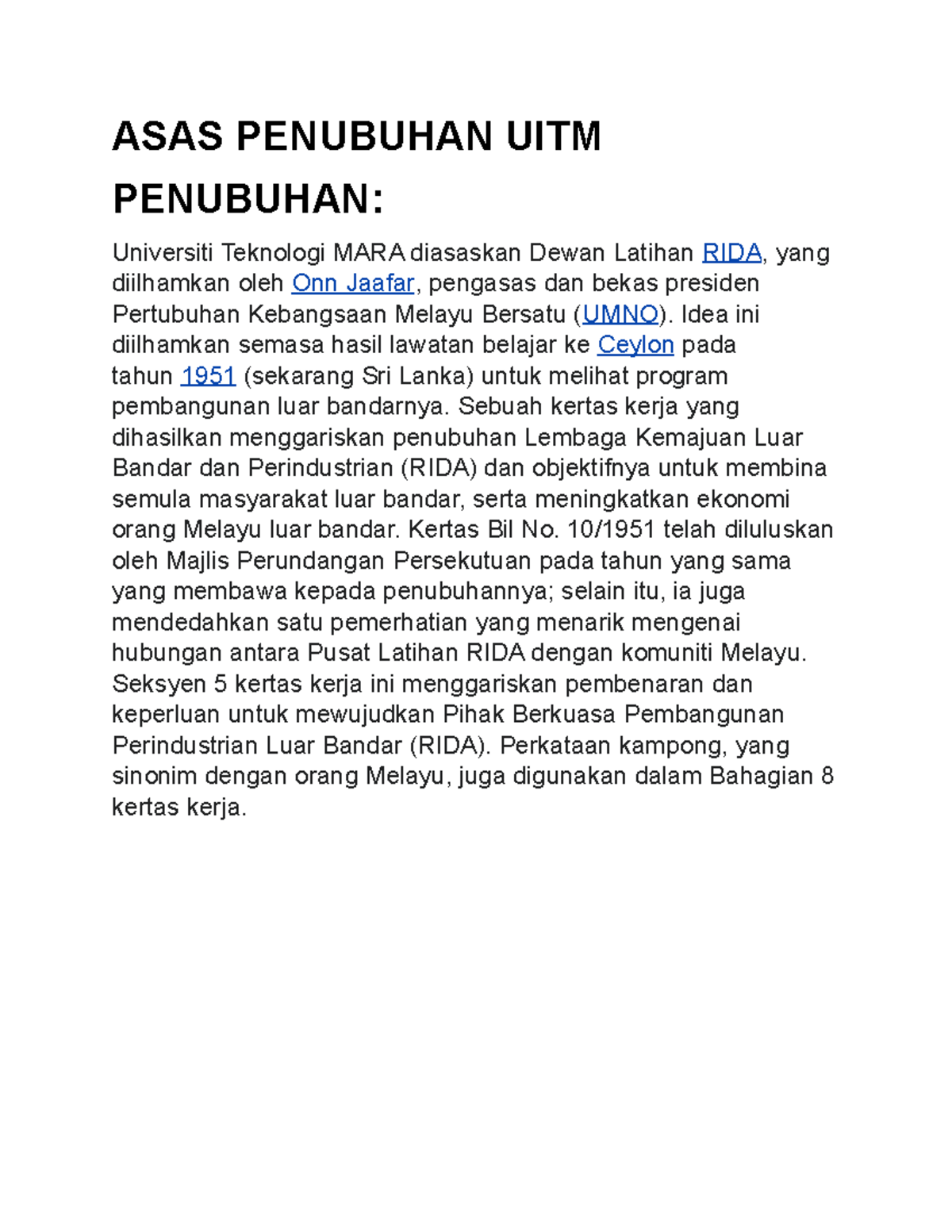 Penubuhan UITM: Sejarah dan Perkembangannya di RIDA - Studocu