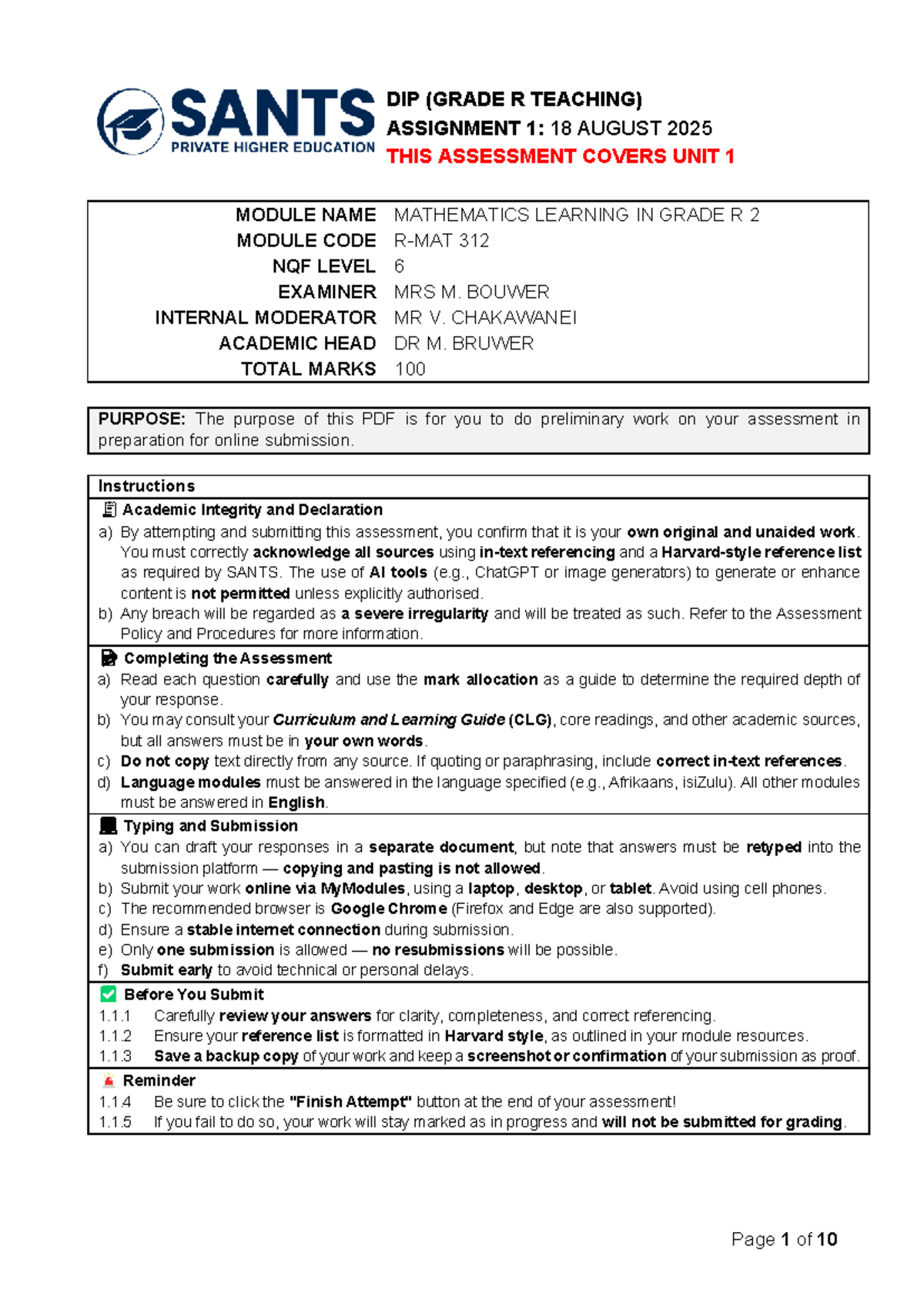 R-MAT 312 Assignment 1: Mathematics Learning in Grade R - 18 Aug 2025 ...