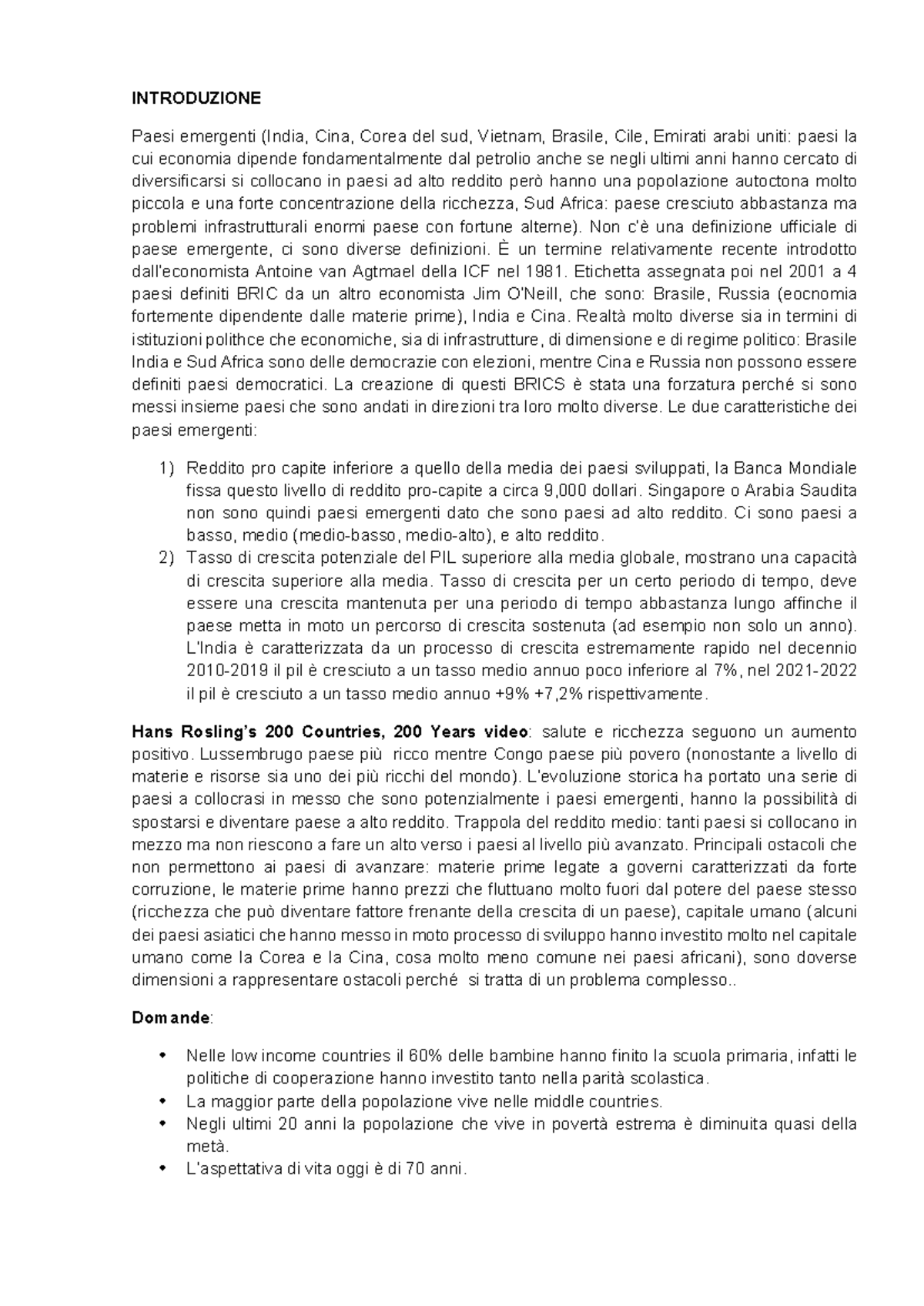 Economia dei Paesi Emergenti: Analisi e Sviluppo (ECON 101) - Studocu