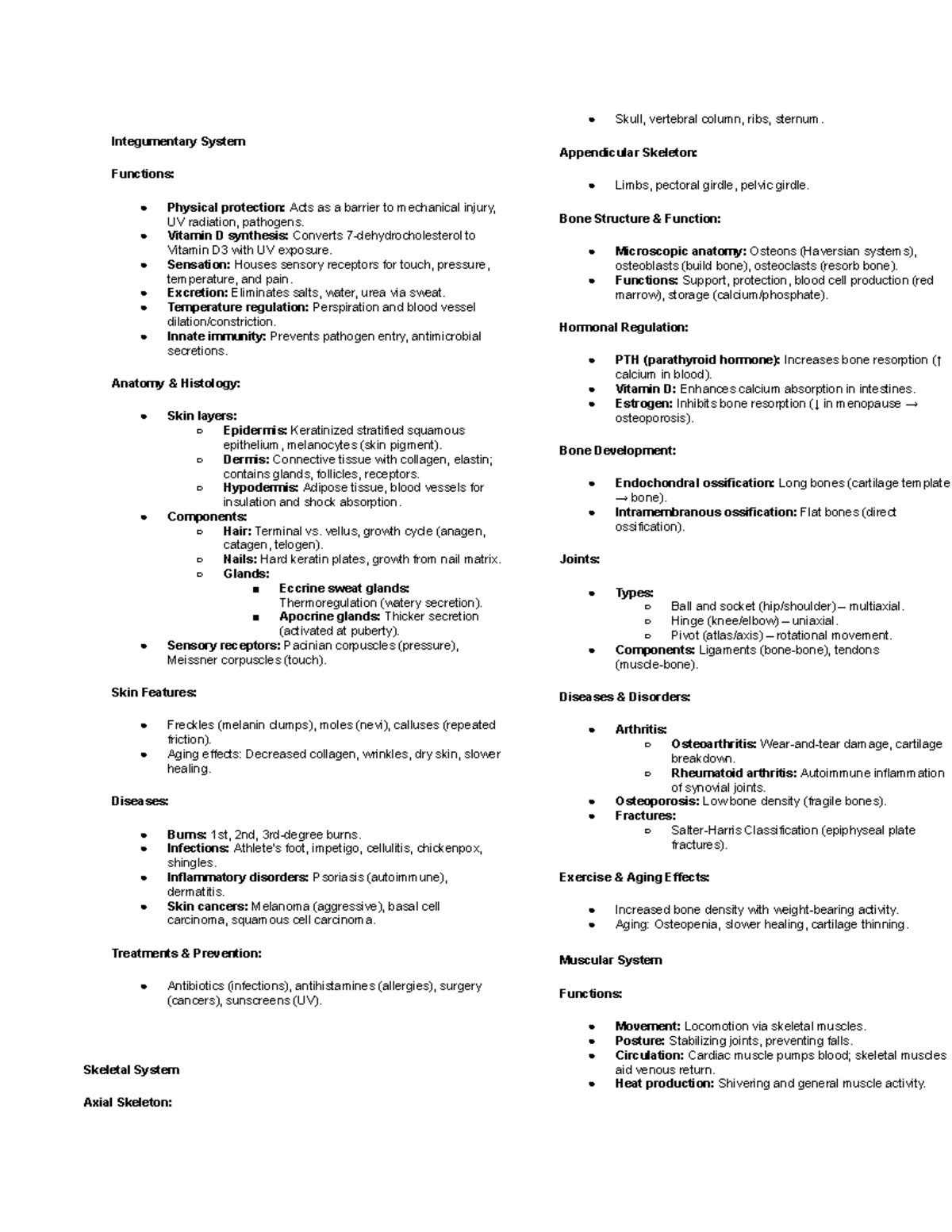 Anatomy and Physiology cheat sheet - Google Docs - Integumentary System ...