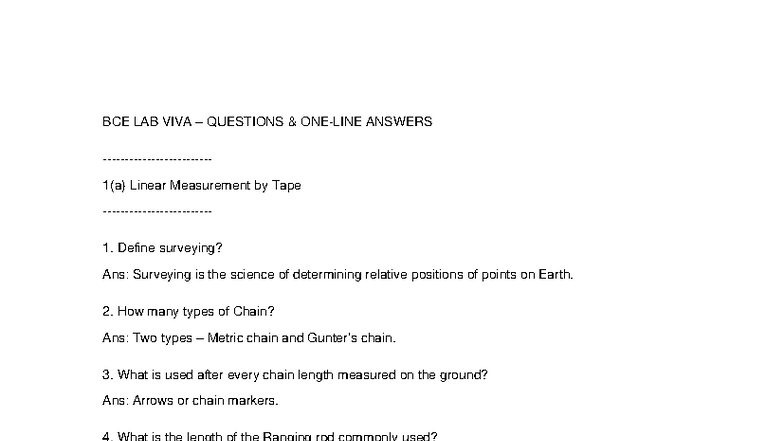 BCE LAB VIVA QUESTIONS & ANSWERS: Linear Measurement & Surveying - Studocu