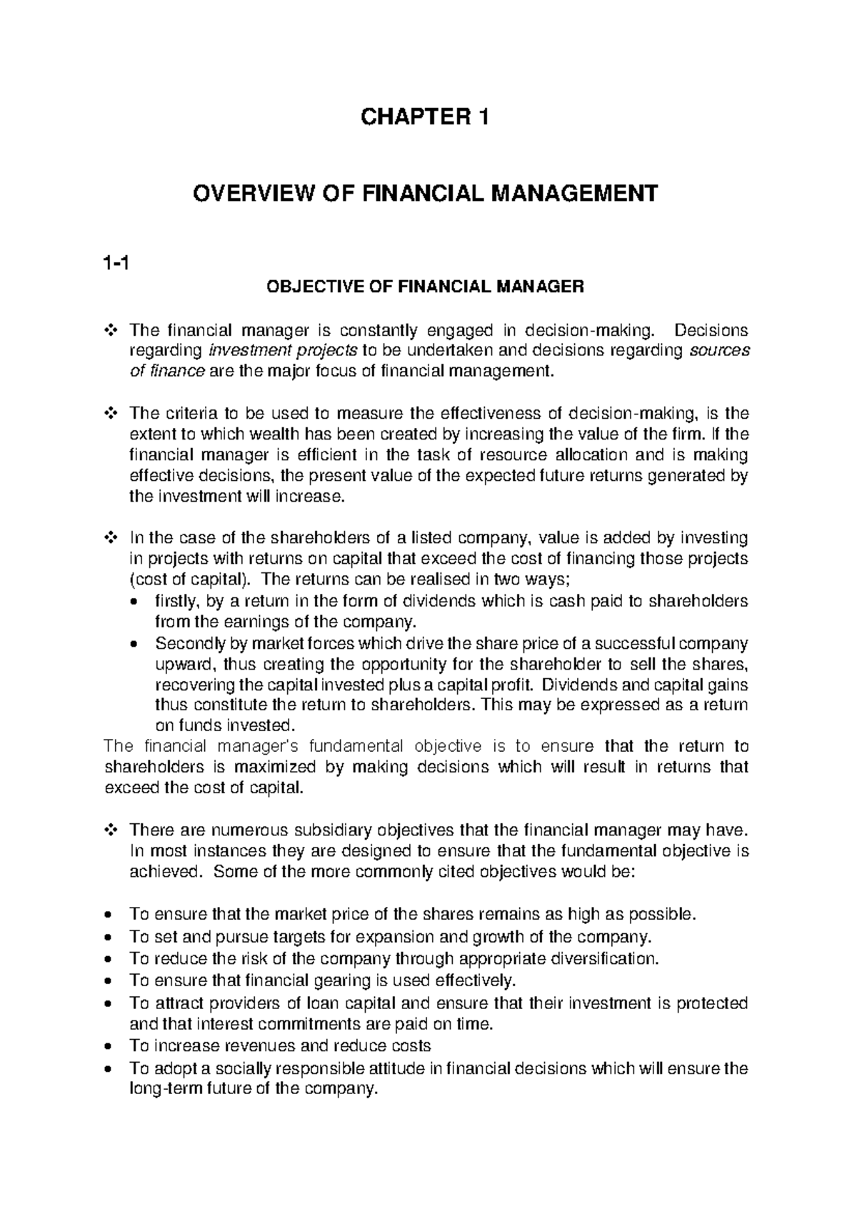 Chapter 1 Notes: Introduction to Financial Management Concepts - Studocu