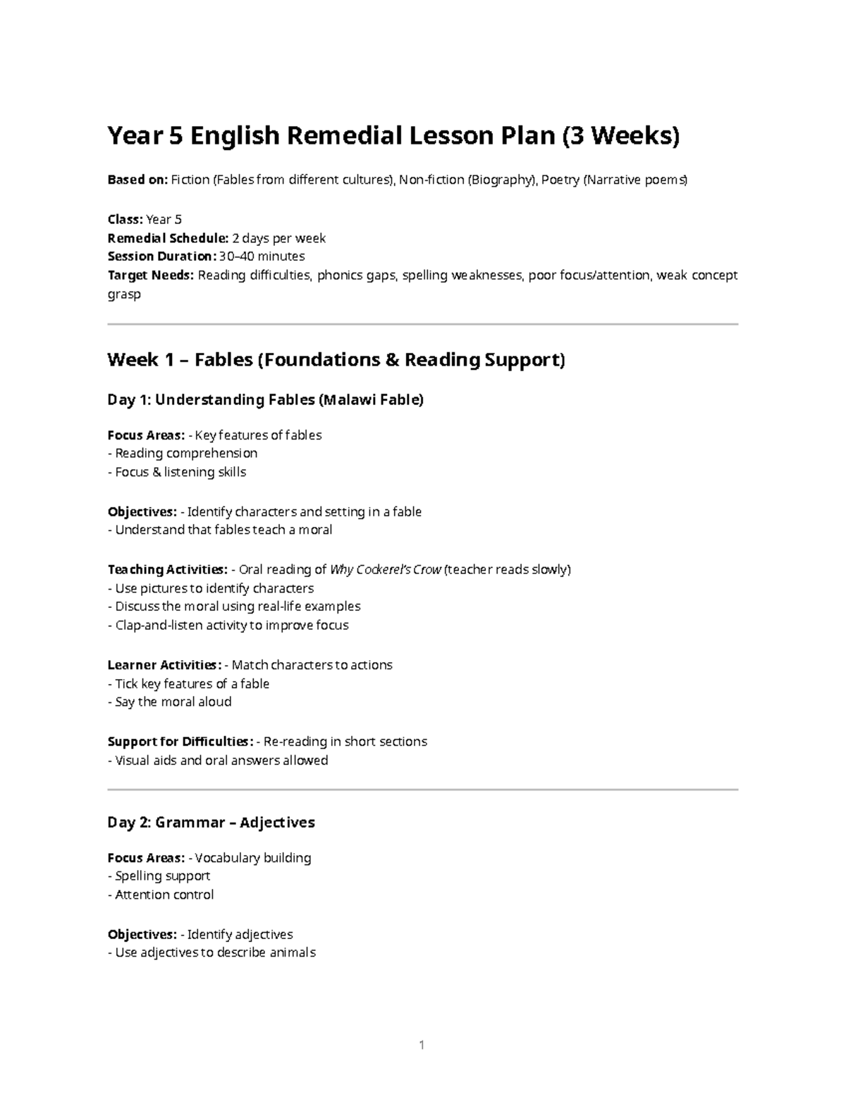 Year 5 English Remedial Lesson Plan: Fables, Biography & Poetry - Studocu