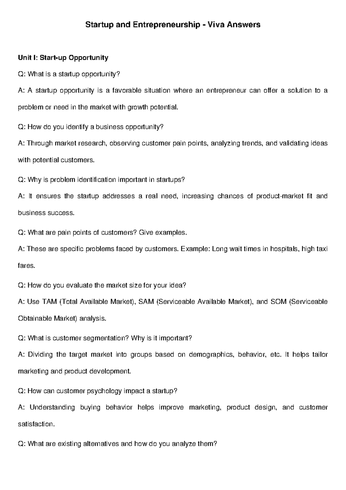 Startup and Entrepreneurship Viva Answers: All Units Overview - Studocu