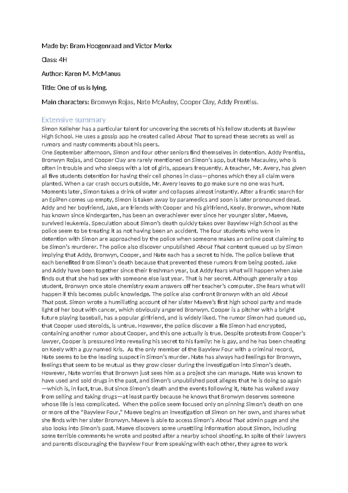 Book Report: One of Us Is Lying (4H) - Summary and Analysis - Studeersnel