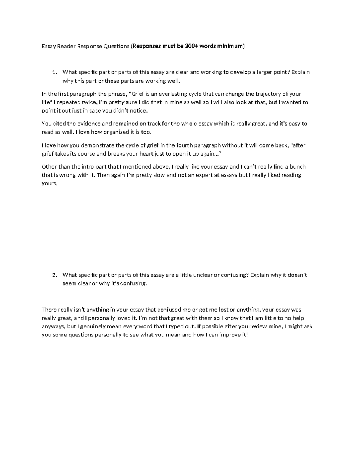 ENG 101: Essay Reader Response Questions & Feedback - Studocu
