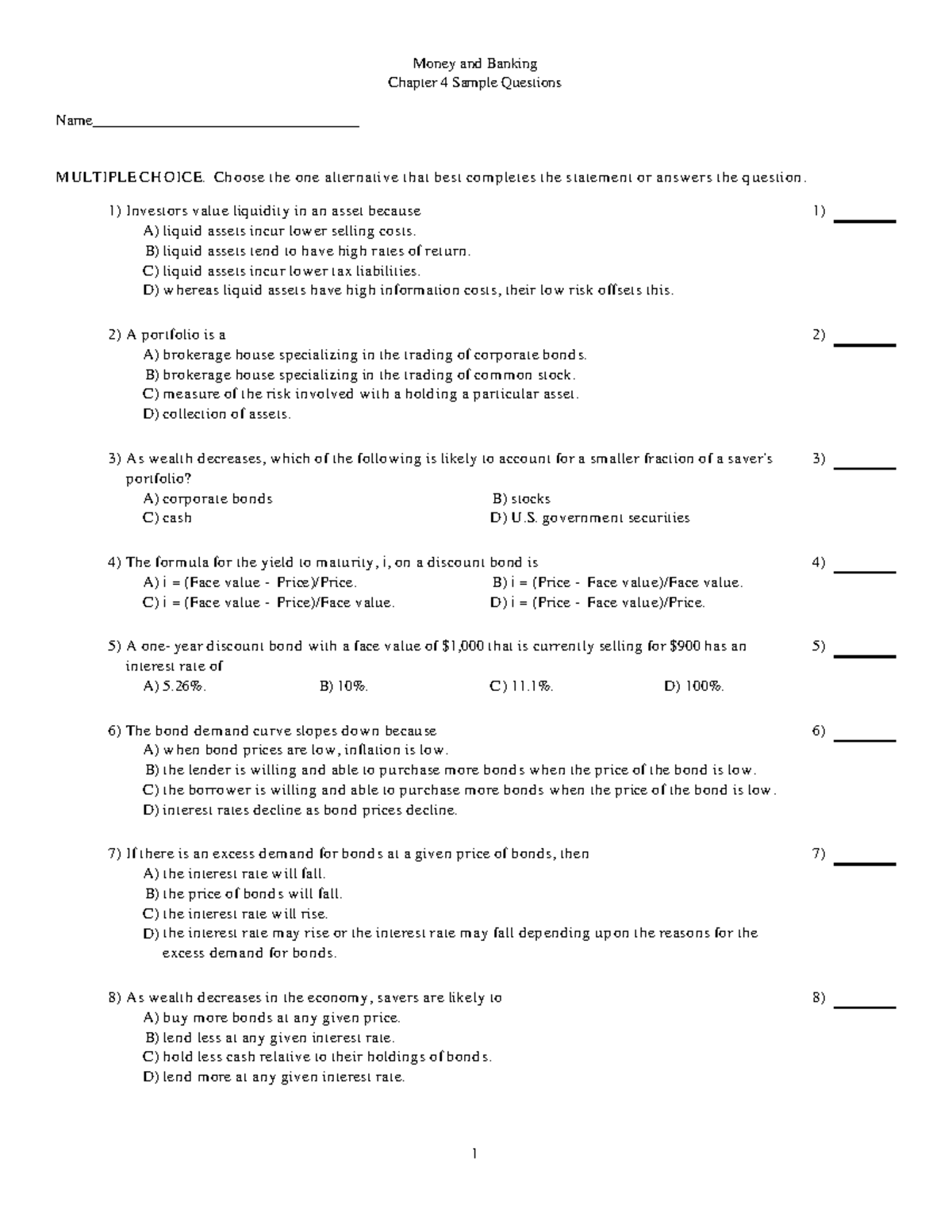 Money and Banking Chapter 4 Sample Questions - Studocu