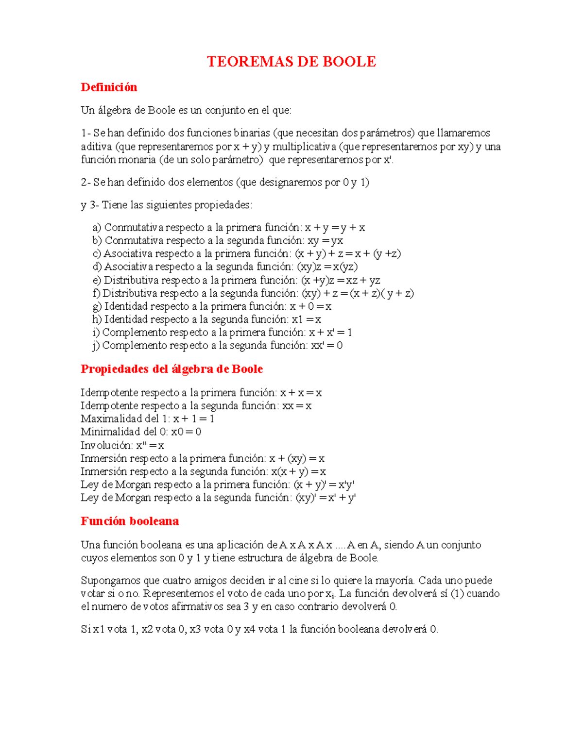 Teoremas y Propiedades del Álgebra de Boole: Resumen Completo - Studocu